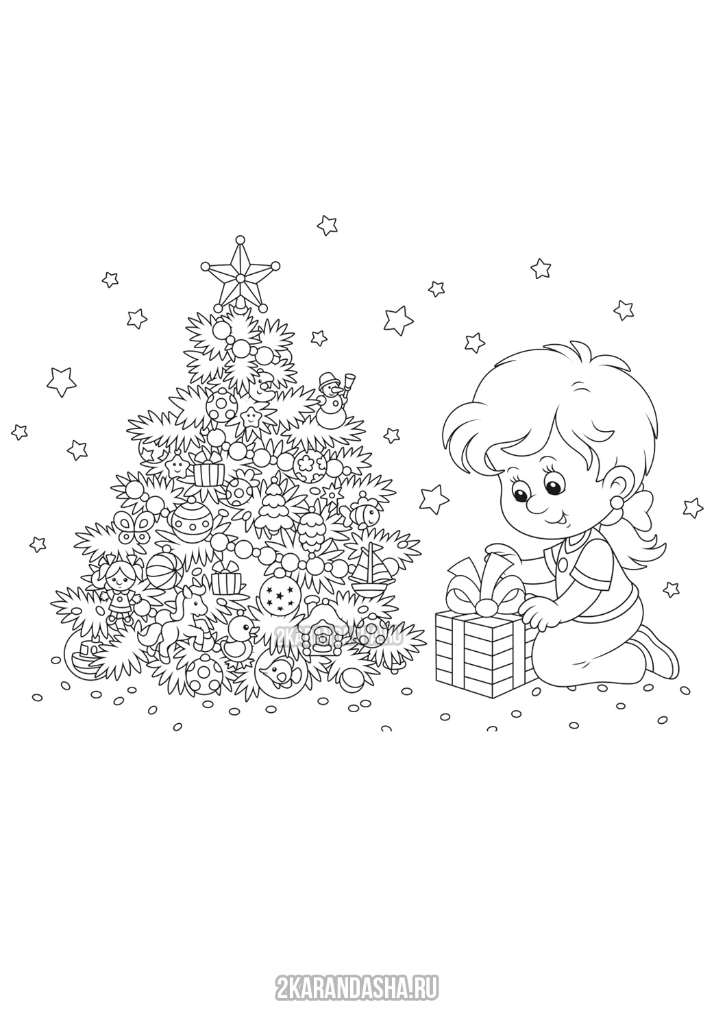 Раскраска Новый год, девочка открывает новогодний подарок для детей ...