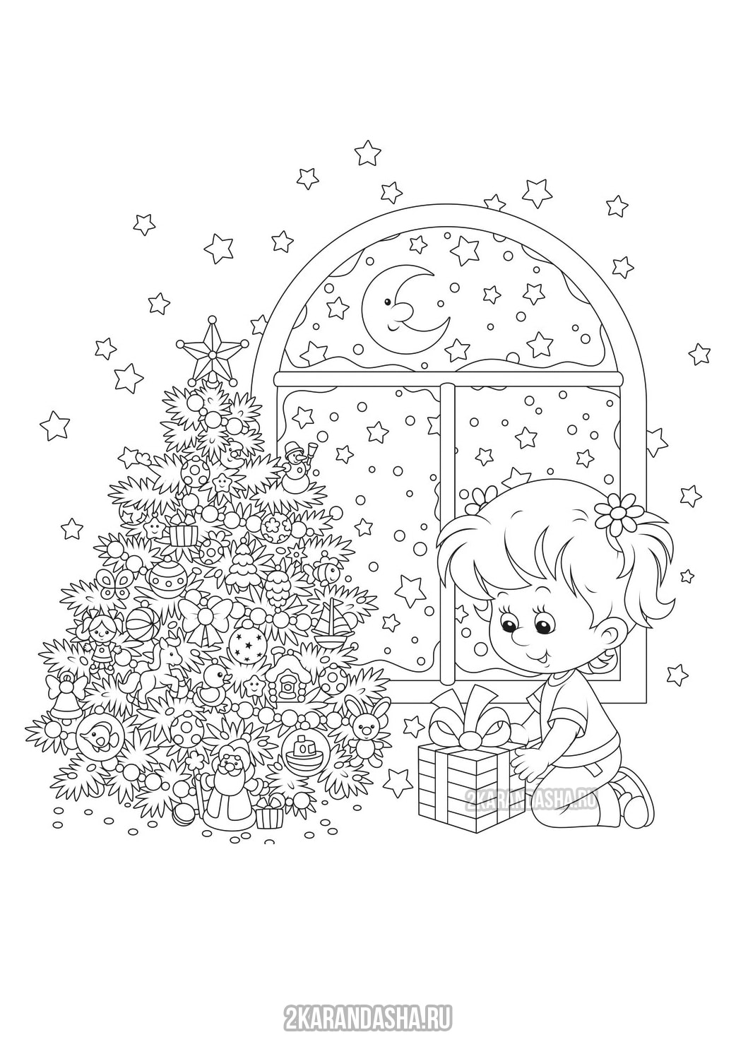 Раскраска Новый год, девочка у новогодней елки для детей распечатать ...