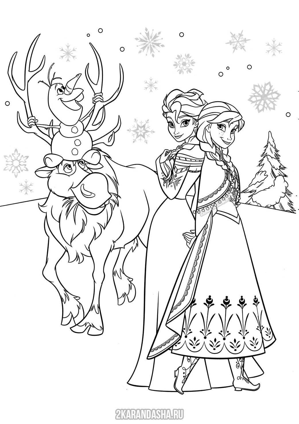 Раскраска Холодное сердце эльза, анна, олень свен и снеговик олаф для ...