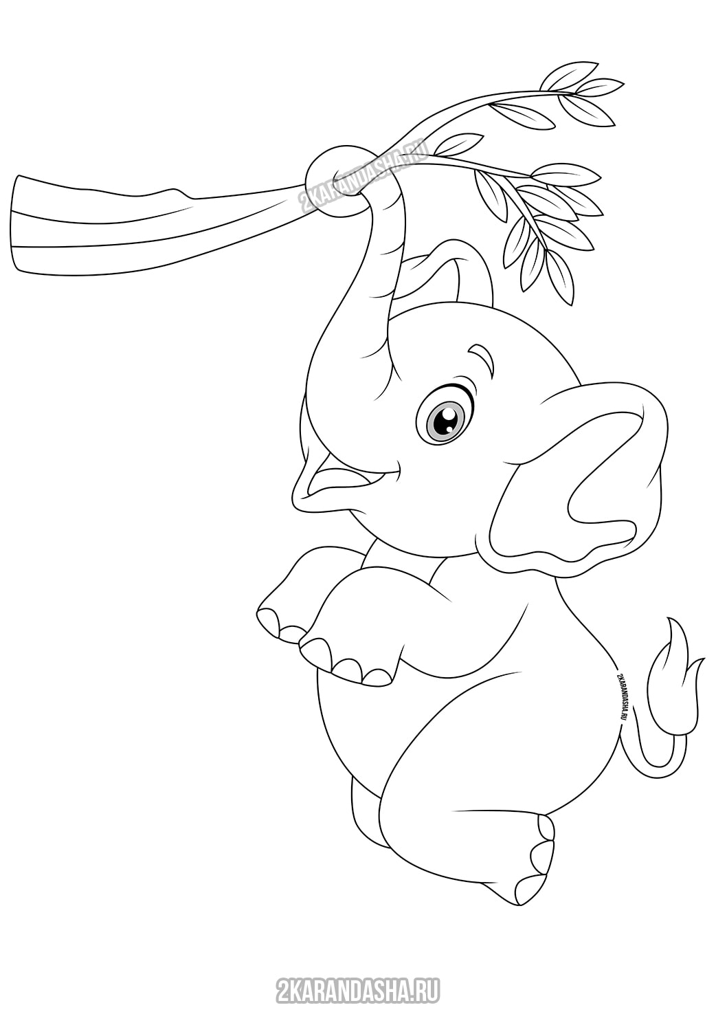 Раскраска милый слоненок висит на ветке для детей распечатать