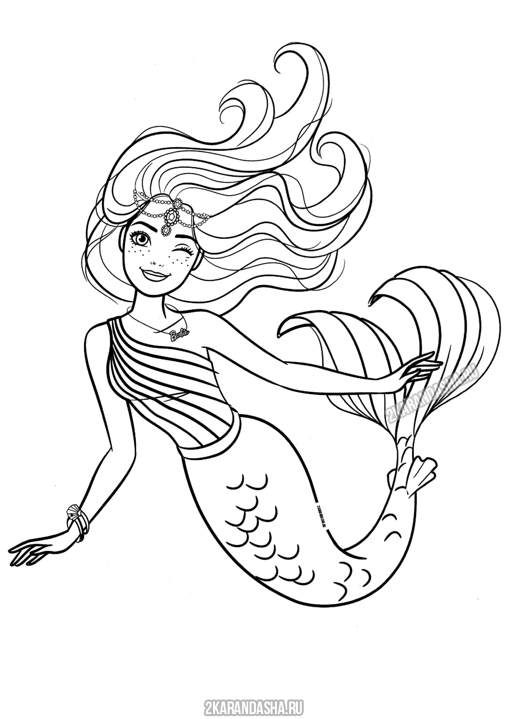 Раскраска барби красивая русалка с длинными волосами для девочек ...