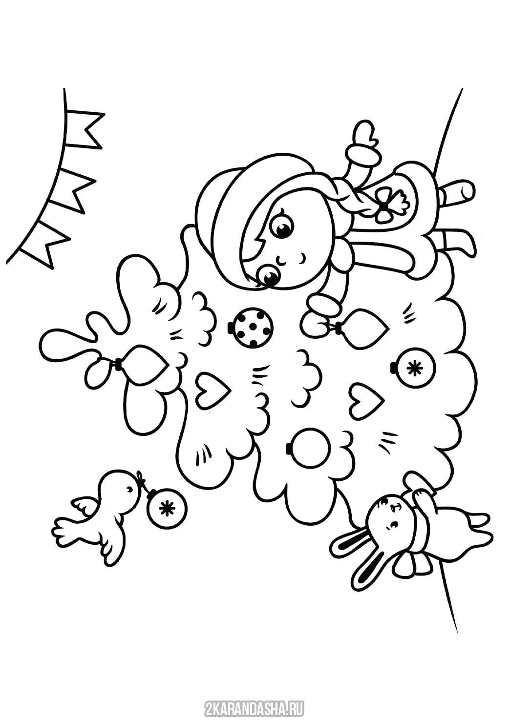 Раскраска Снегурочка елка, игрушки, животные для детей распечатать на ...