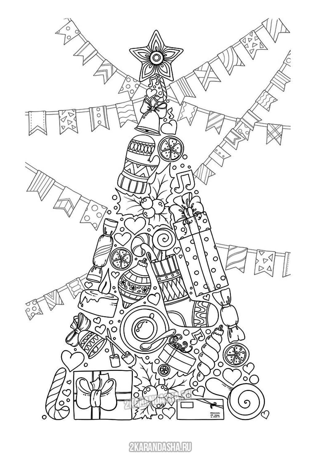 Раскраска онлайн Необычная новогодняя елка из разных предметов бесплатно