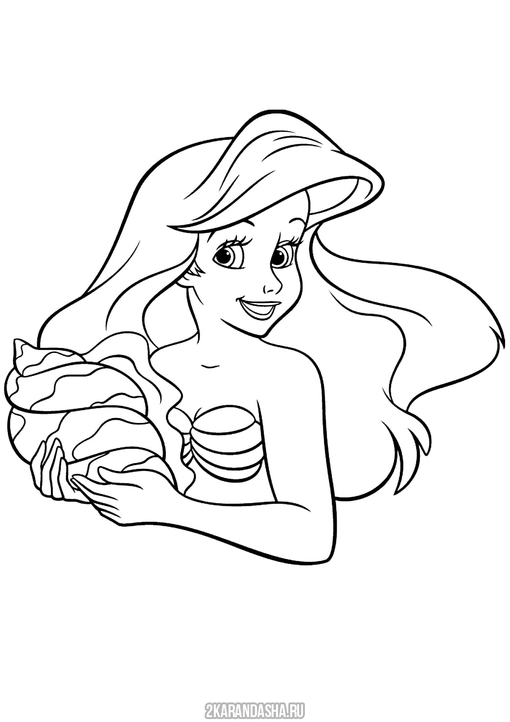 Раскраска портрет русалочки ариэль с ракушкой распечатать