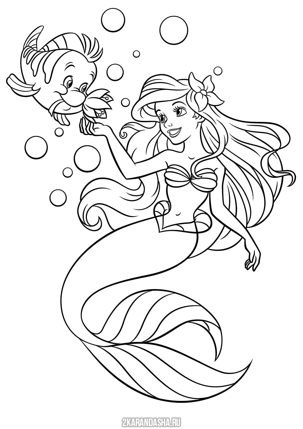 Раскраска онлайн Ариэль русалочка и Флаундер бесплатно