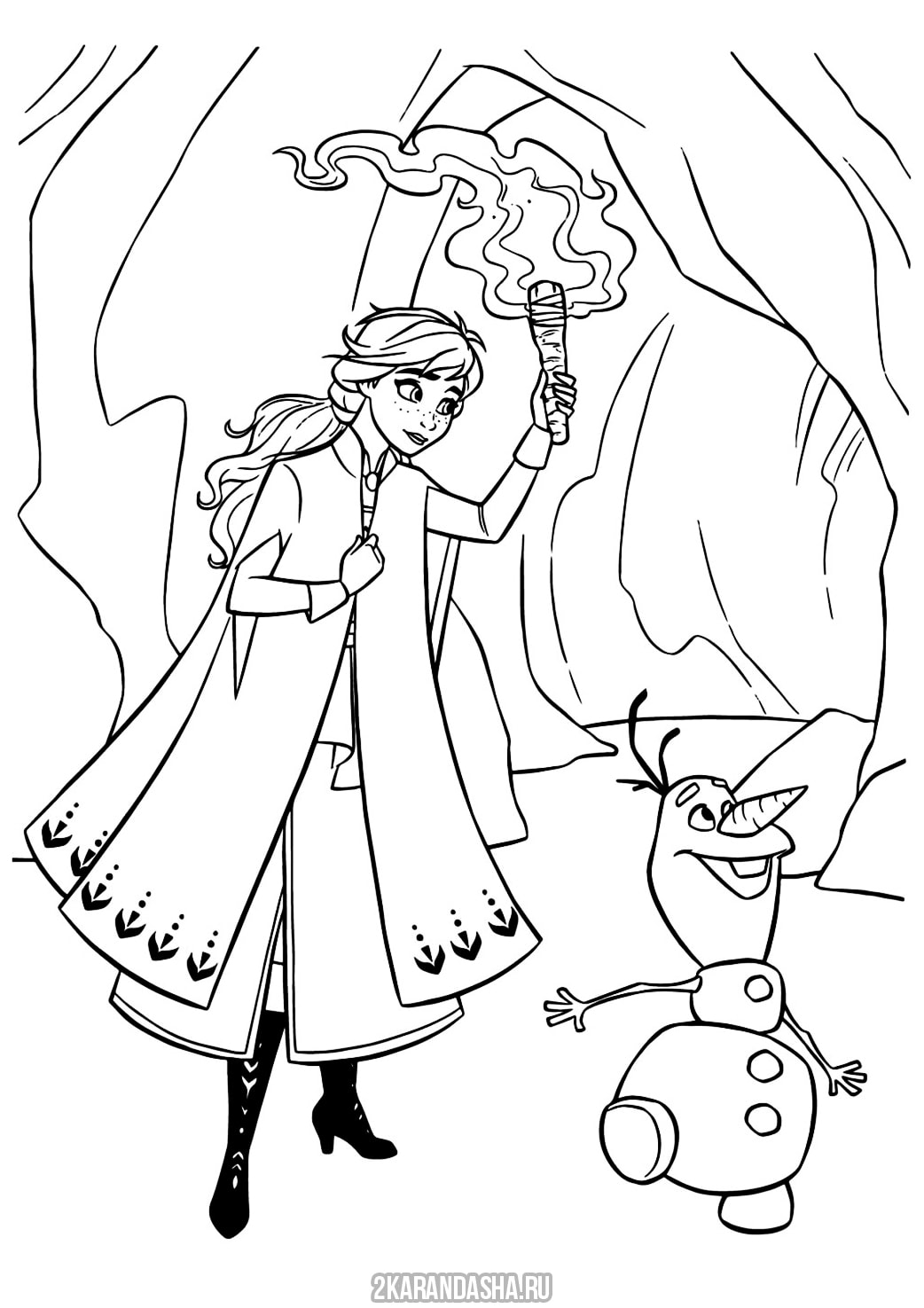 Раскраска онлайн Анна и Олаф в пещере бесплатно