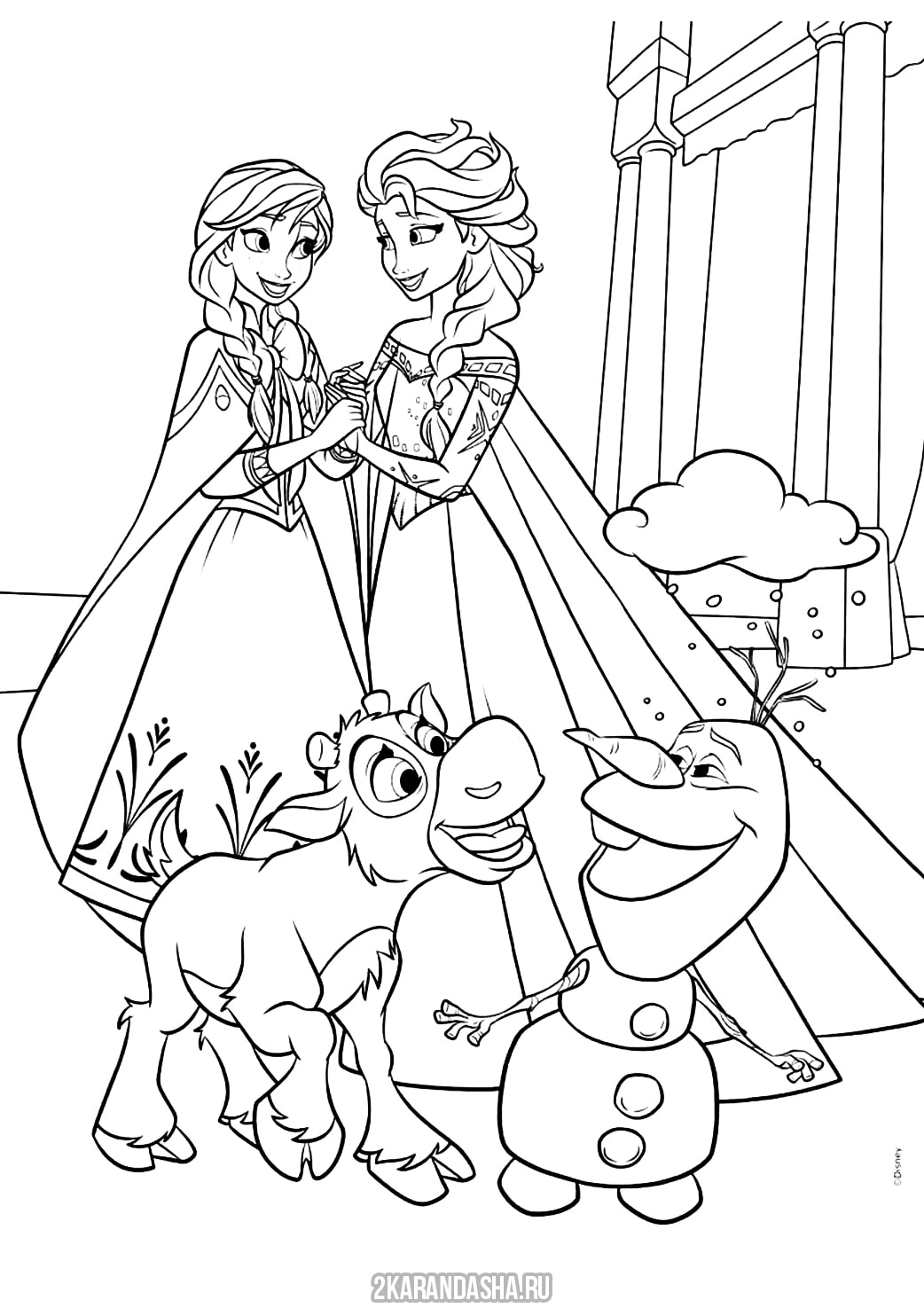 Раскраска анна, эльза, олененок и олаф "Холодное сердце 2" распечатать