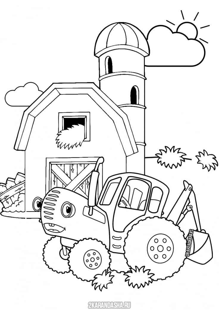 Раскраска синий трактор на ферме распечатать