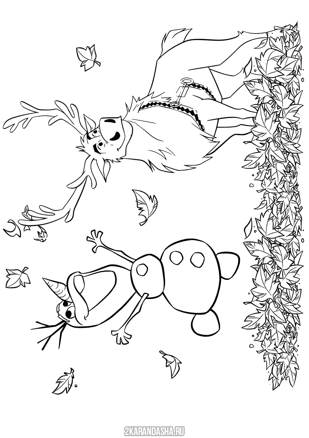 Раскраска олаф и свен в листьях "Холодное сердце 2"