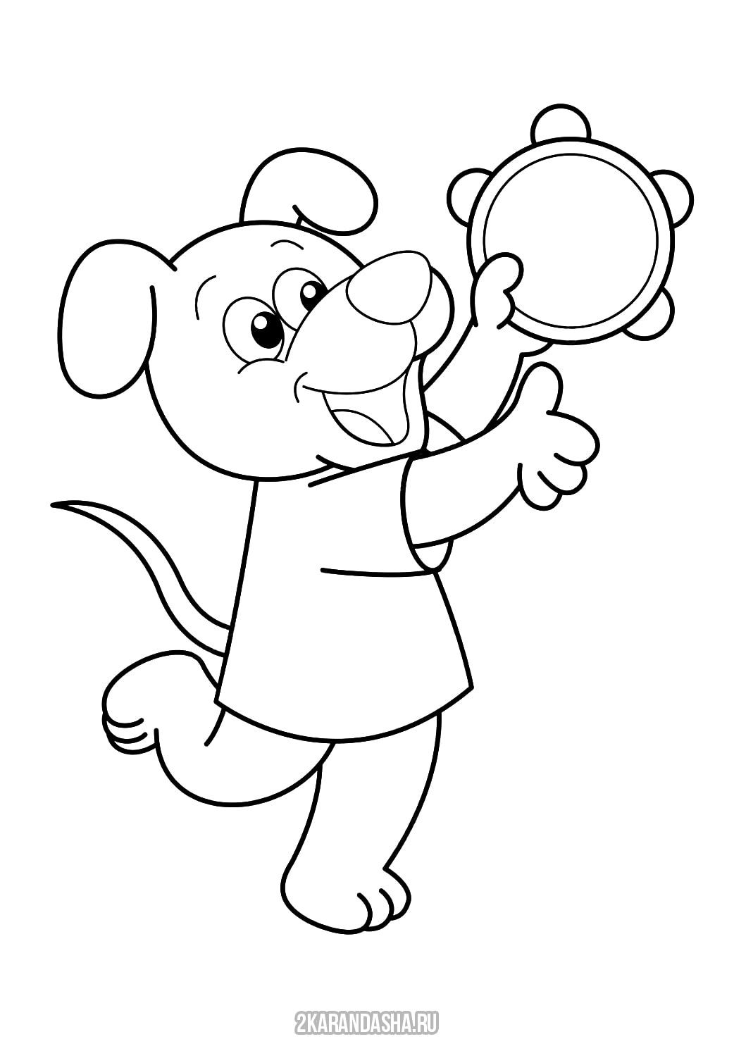 Раскраска собака играет с бубном для детей распечатать