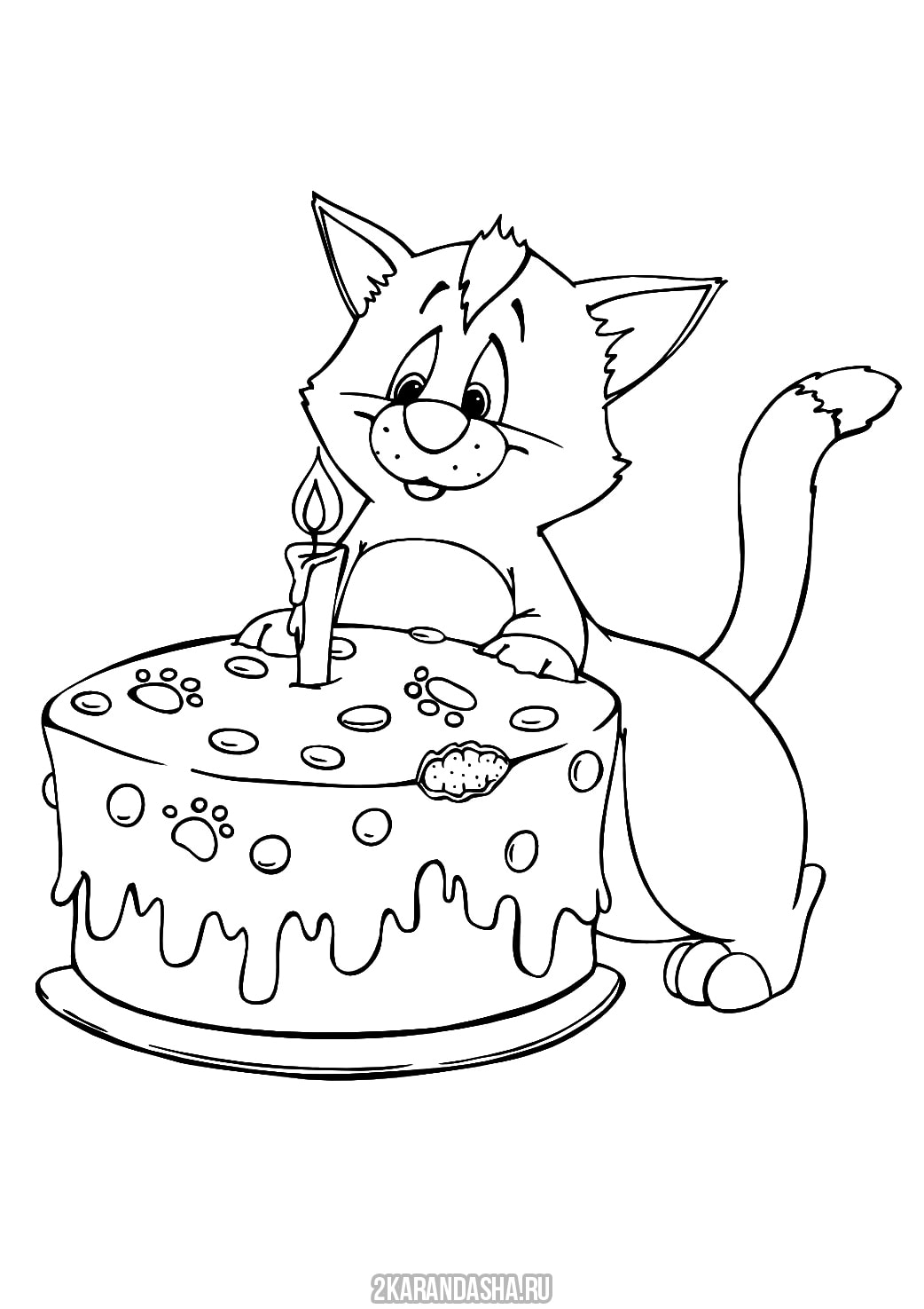 Раскраска котик ест торт распечатать