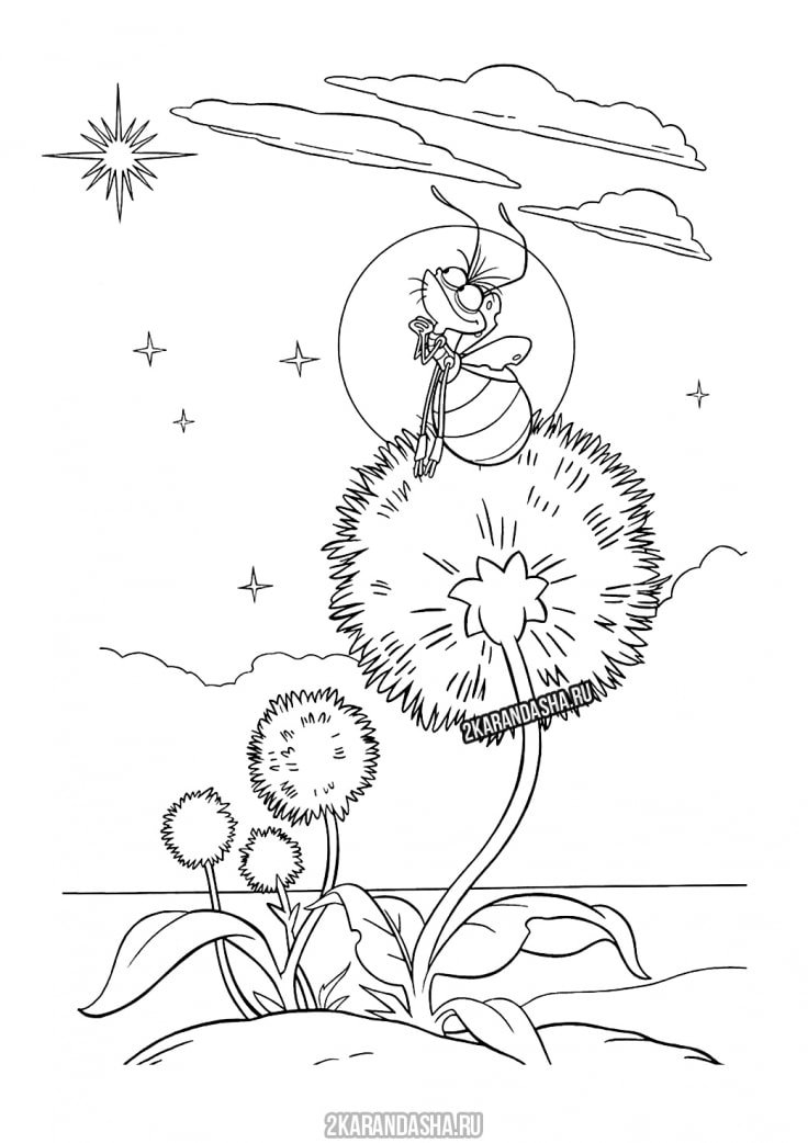 Раскраска букашка на одуванчике распечатать