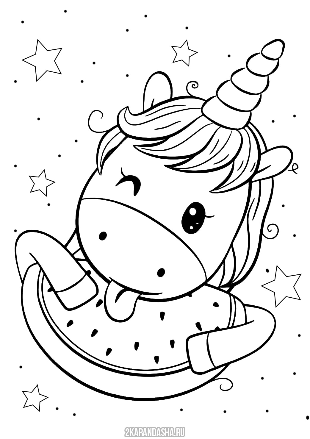 Раскраска единорог с кусочком арбузика распечатать