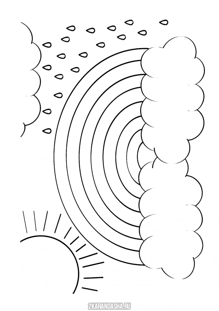 Раскраска онлайн Радуга, солнце и дождик бесплатно